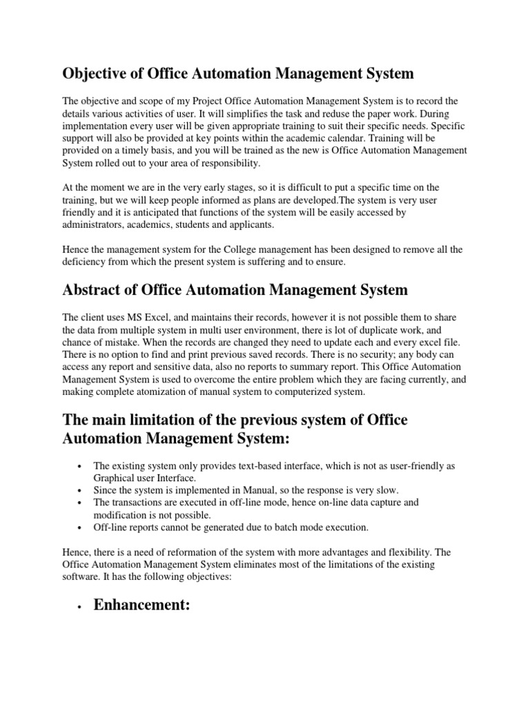 Objective of Office Automation Management System | PDF | Databases | Input/Output
