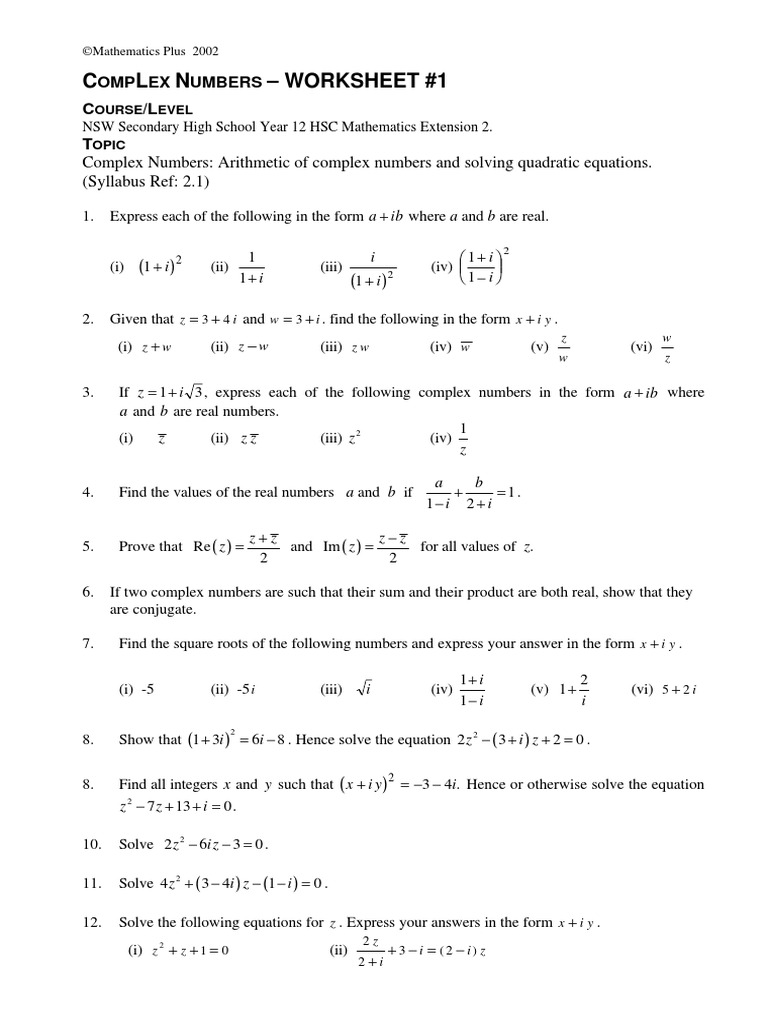 Y12 HSC Maths Ext2 Worksheet Complex Numbers1 | PDF