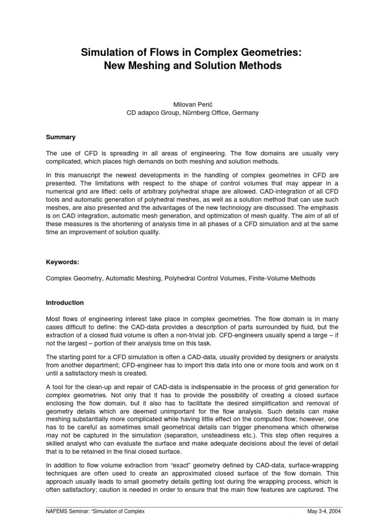 Simulation Of Flows In Complex Geometries New Meshing And Solution Pdf Computational Fluid