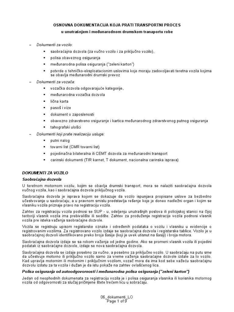 Dokumentacija Koja Prati Transportni Proces | PDF