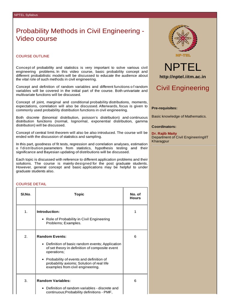 Nptel: Probability Methods in Civil Engineering - Video Course ...
