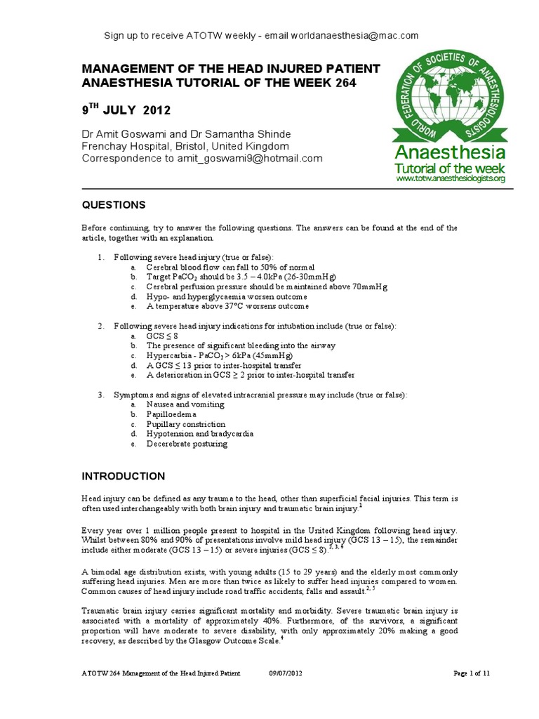 Management of The Head Injured Patient Anaesthesia Tutorial of The Week ...