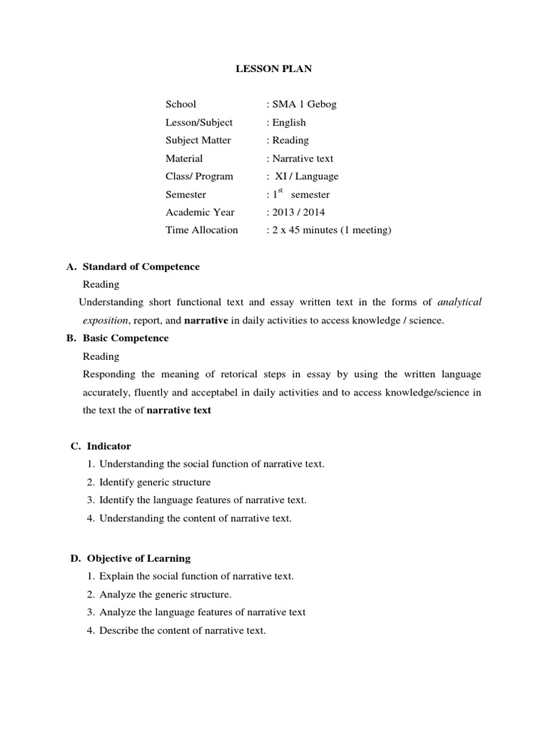 Lesson Plan: Exposition, Report, and Narrative in Daily Activities To ...