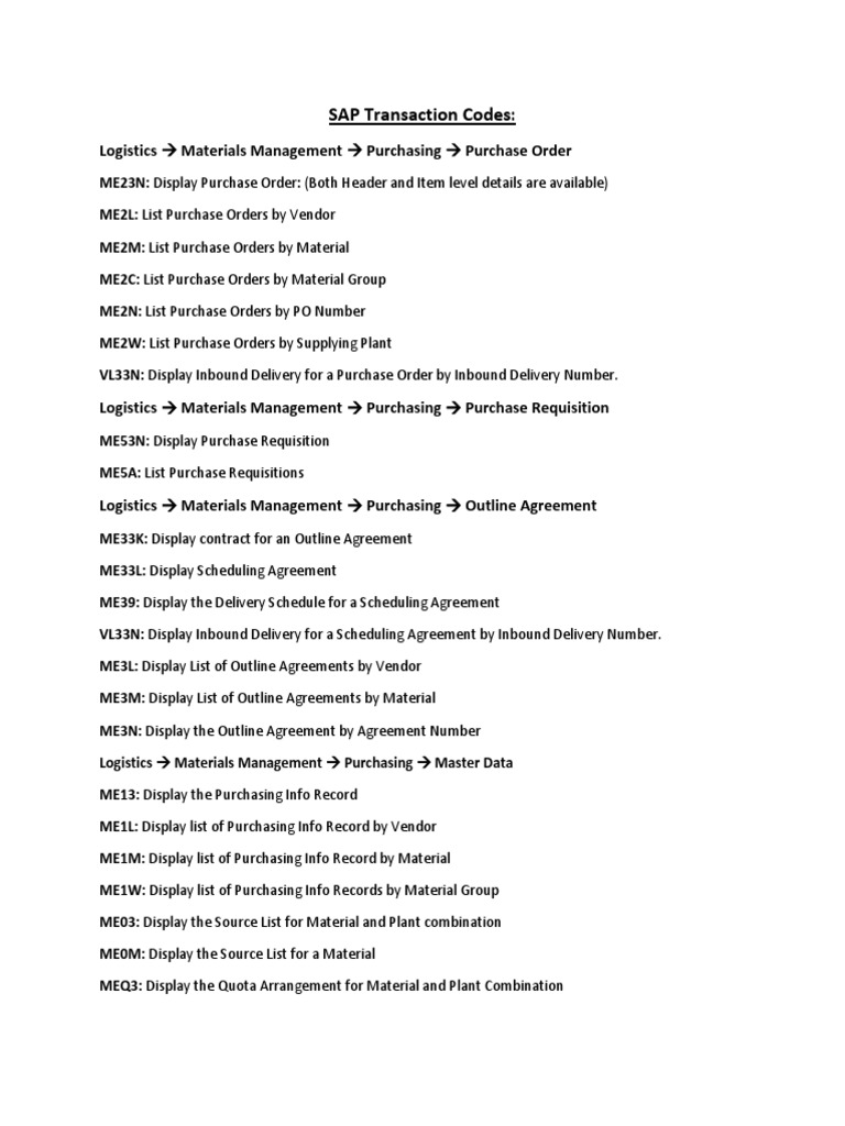 SAP Transaction Codes:: Logistics Materials Management Purchasing ...