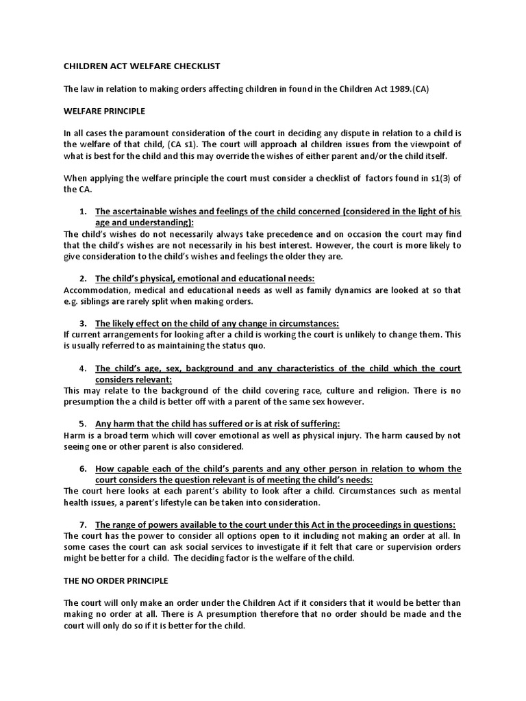 Children Act Welfare Checklist | Download Free PDF | Applied Ethics ...