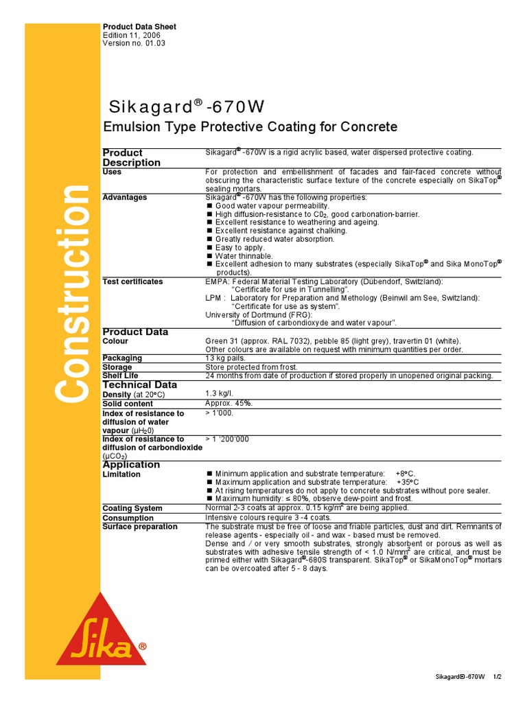 Sikagard - 670W: Emulsion Type Protective Coating For Concrete | PDF ...