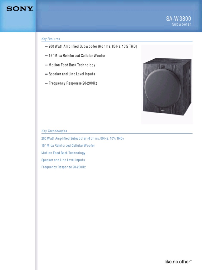 Sony SA-W3800 Subwoofer Specifications | PDF | Loudspeaker | Audio ...