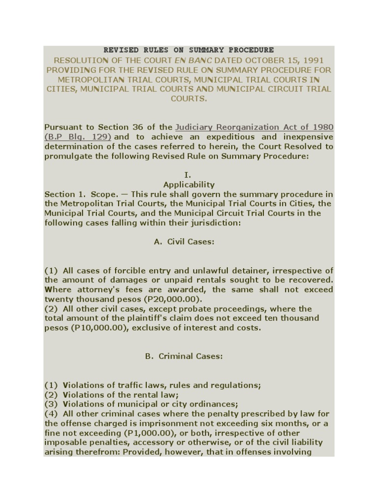 Revised Summary Procedure Rules 1991 | PDF