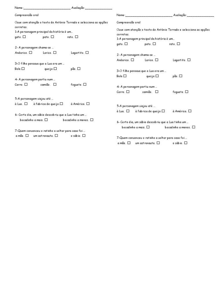 Compreensão Oral o Rato e A Lua de António Torrado | PDF