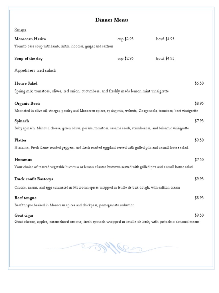 Dinner Menu Kous Kous 01-18 | PDF | Roasting | Sautéing