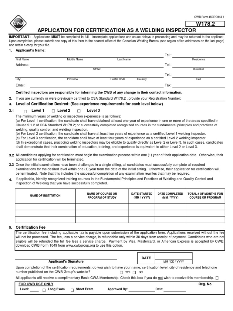 Application For Certification Welding Inspector | PDF | Pipe (Fluid ...