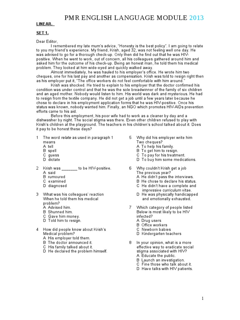 PMR English Language Module: Linear. SET 1 | PDF | Phobia | Physical ...