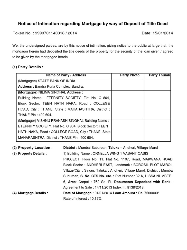 Mortgage Intimation Notice for Loan | PDF | Mortgage Law | Mortgage Loan