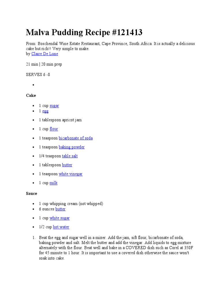 South African Malva Pudding Recipe | PDF | Cooking, Food & Wine