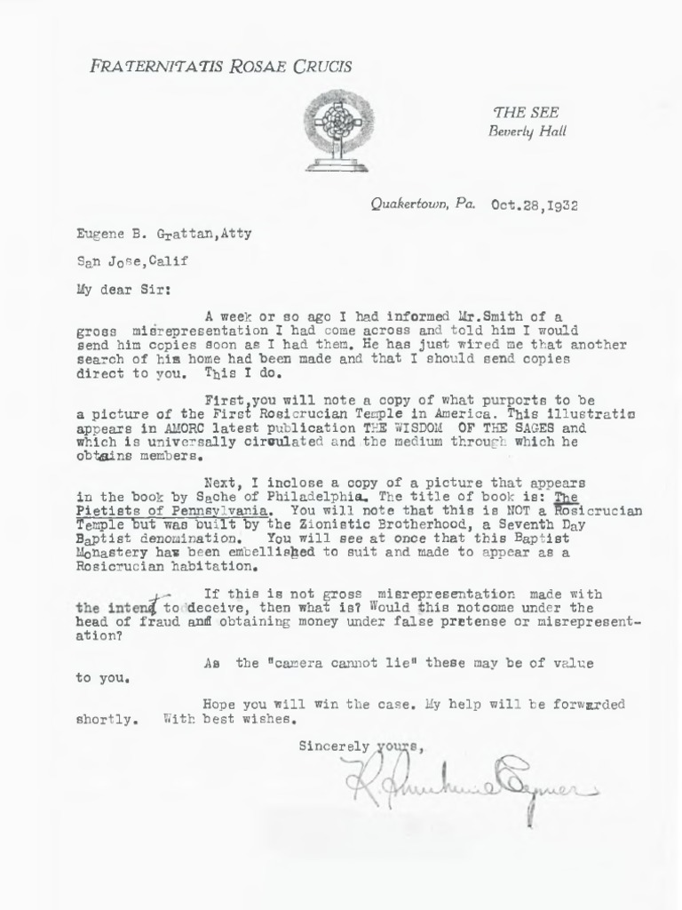 R. S. Clymer's Letter About The First Rosicrucian Temple in America ...