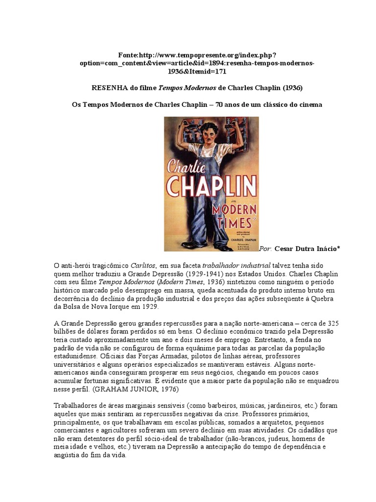 RESENHA Do Filme Tempos Modernos de Charles Chaplin | Grande Depressão ...