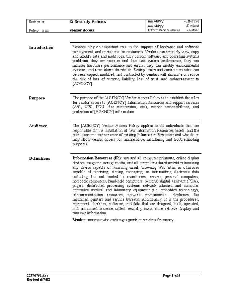 Vendor Access Policy | PDF | Health Insurance Portability And ...