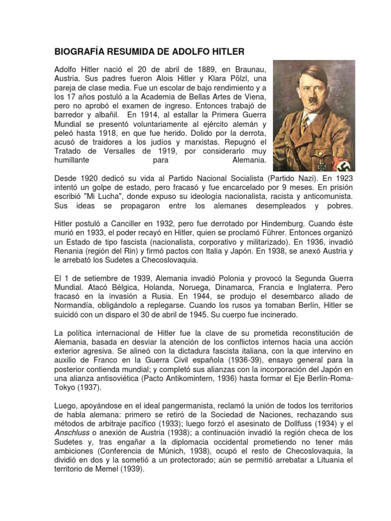 BIOGRAFÍA RESUMIDA DE ADOLFO HITLER | Alemania nazi | Adolf Hitler ...