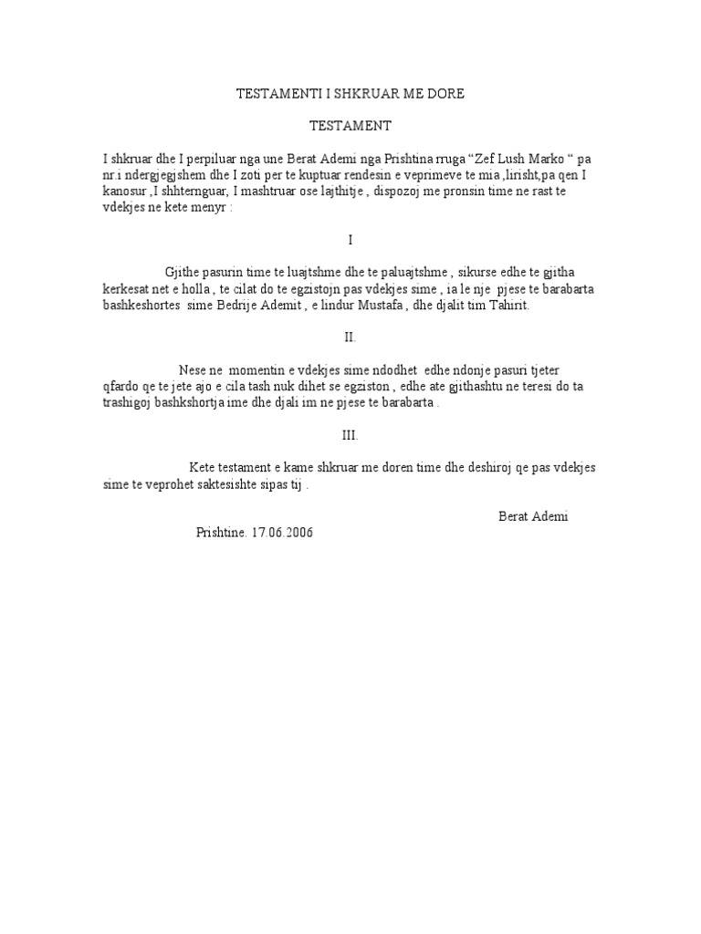Testament i shkruar me dorë