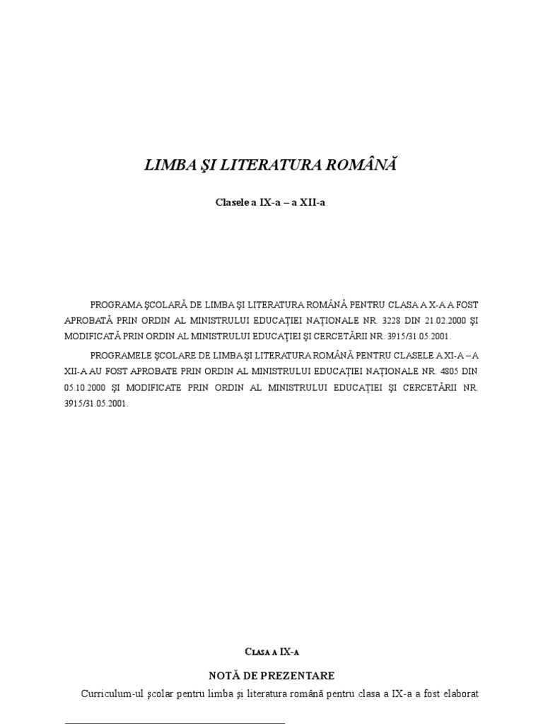 Programa de Limba Română Pentru Clasele IX-XII | PDF