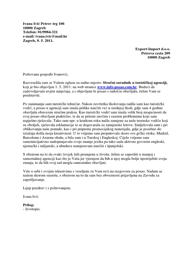 Primjer Zamolbe Za Posao