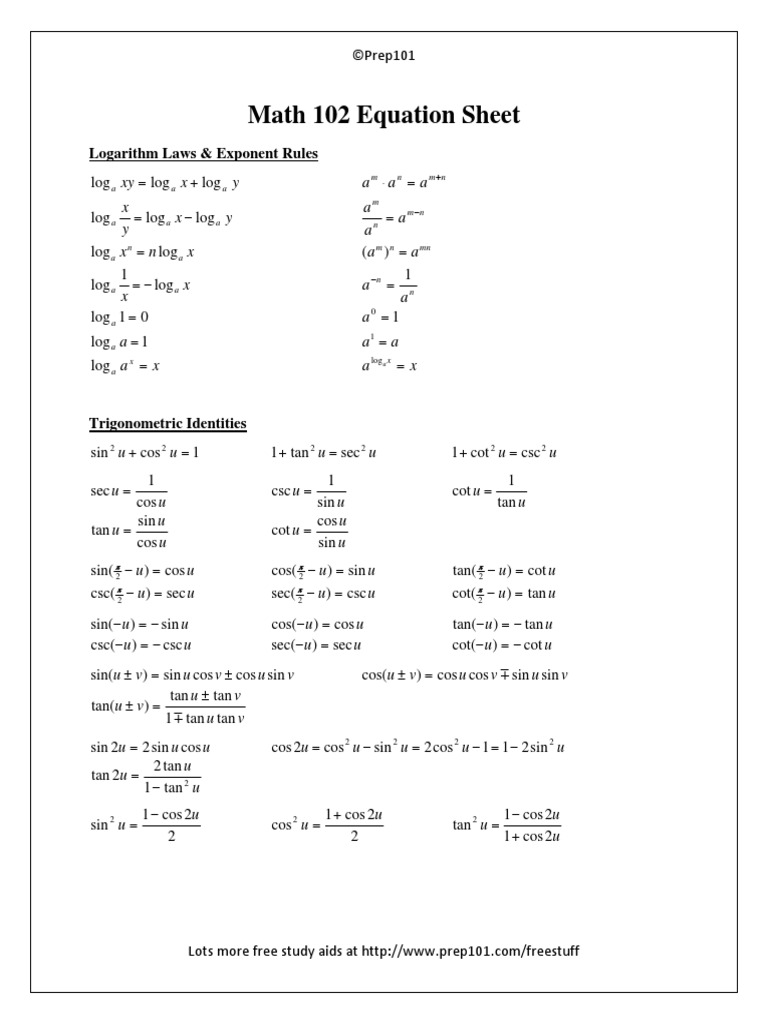 Math102 Equation Sheet | PDF | Line (Geometry) | Logarithm