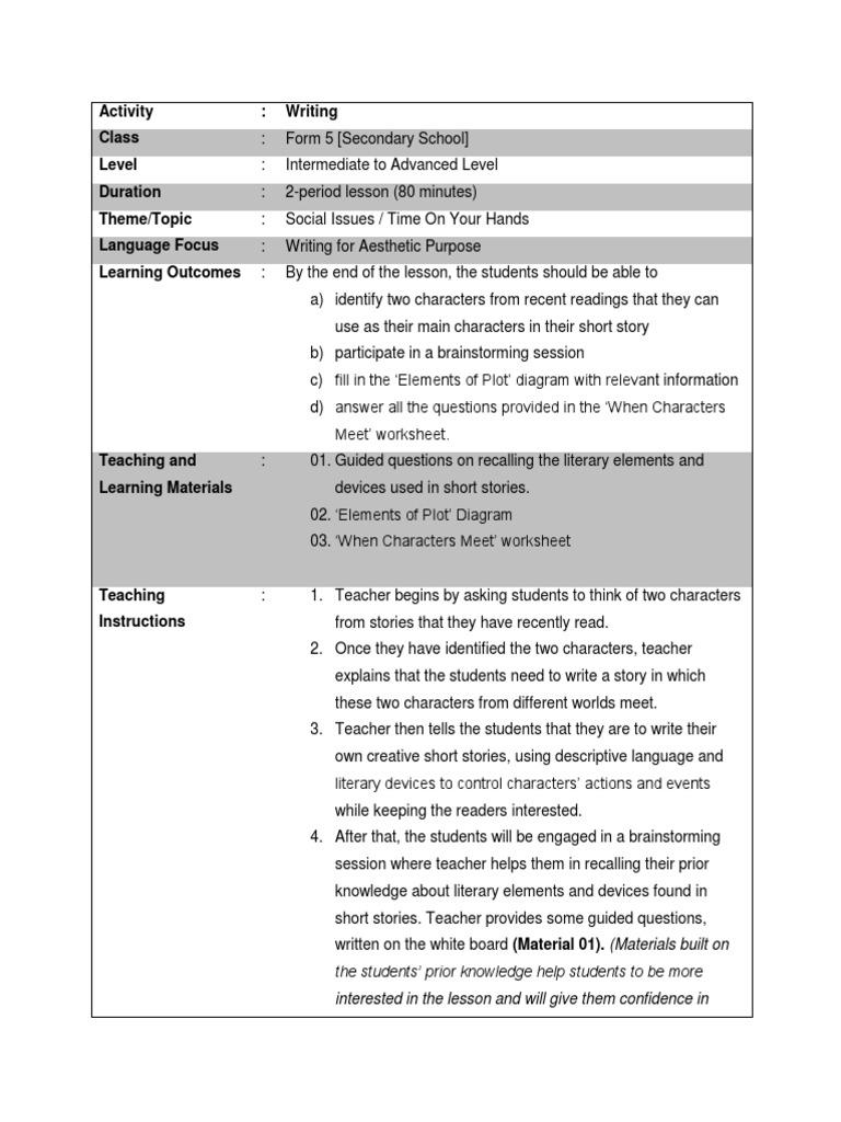 Writing Lesson Plan (Form 5) | Lesson Plan | Teachers