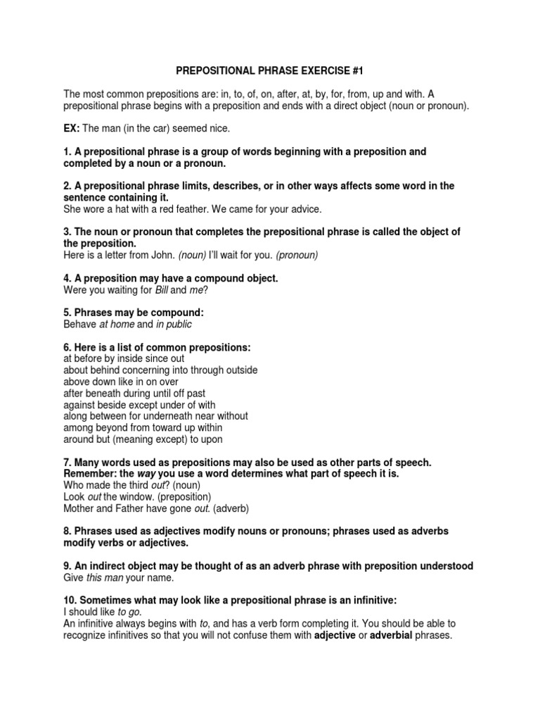 Prepositional Phrase Exercises Guide | PDF | Preposition And ...
