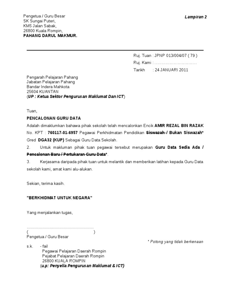 Format Surat Pencalonan Guru Data Sekolah | PDF