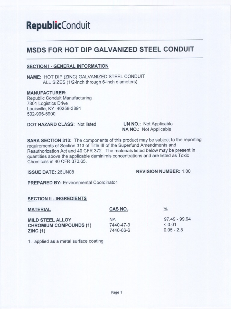 Hot-Dip Galvanizing Material Safety Data Sheet | Chemistry | Materials