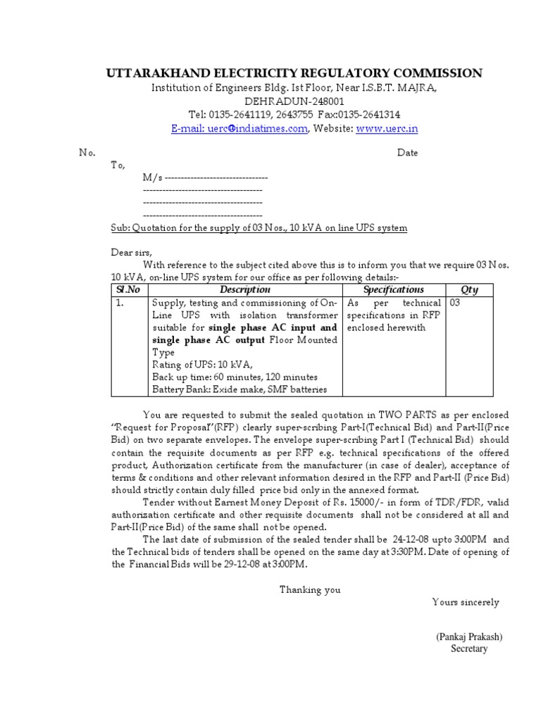 Quotation For The Supply of 03 Nos. 10 kVA On Line UPS System ...
