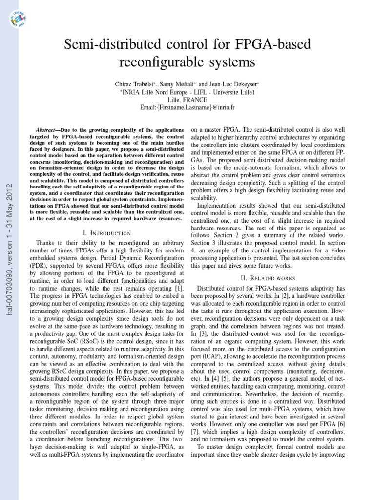 Semi Distributed Control For Fpga Based Reconfigurable Systems Pdf