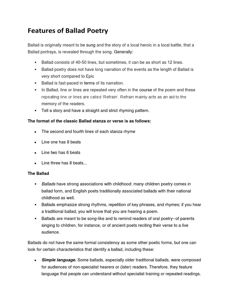 Features of Ballad Poetry 2 | Ballad | Poetic Form