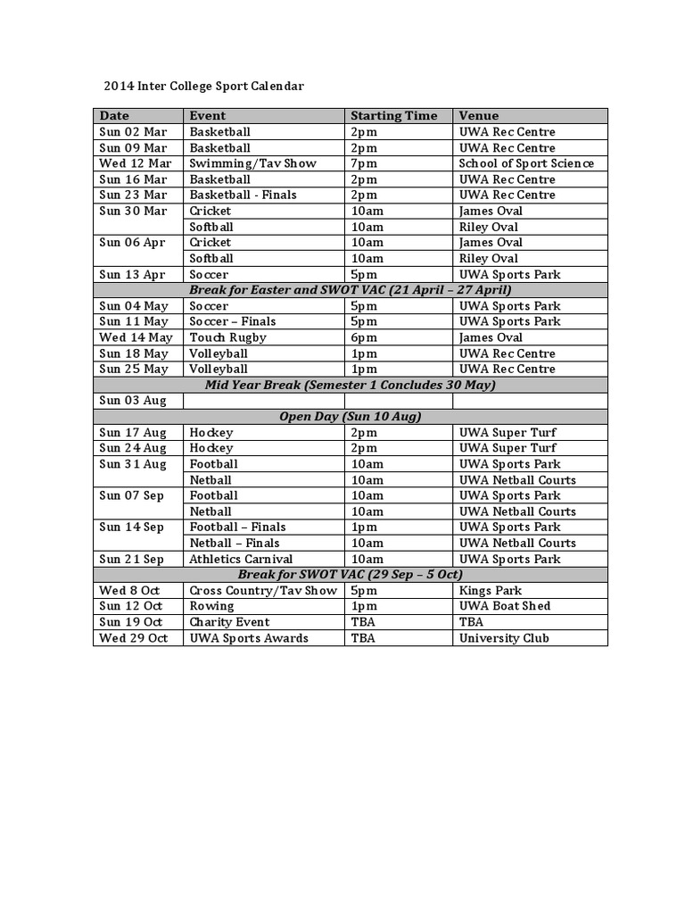 2014 Inter College Sports Calendar | PDF