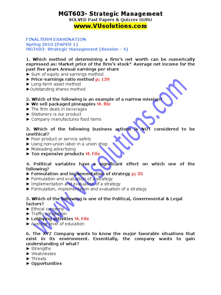 Strategy Management Quiz Questions | PDF | Strategic Management | Sales