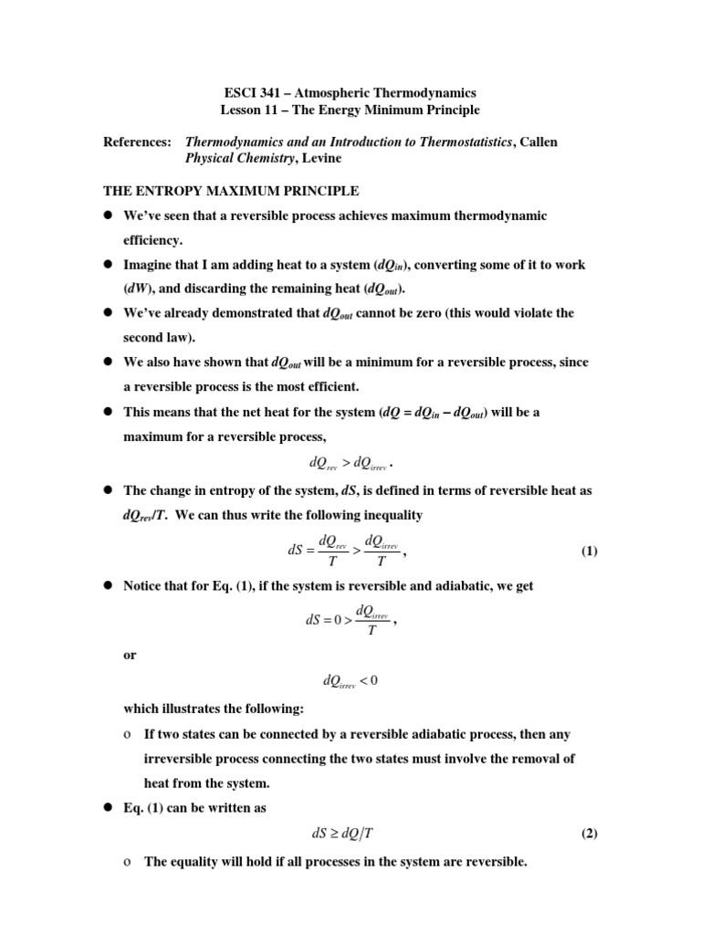 Esci341 Lesson11 Energy Minimum Principle | PDF | Entropy | Enthalpy