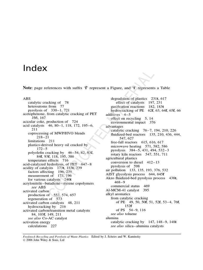 Feedstock Recycling And Pyrolysis Of Waste Plastics Index PDF