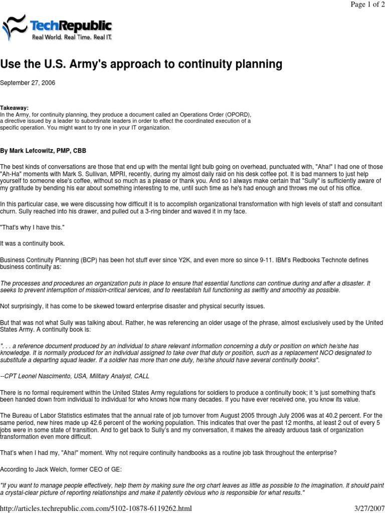 Use The U.S. Army's Approach To Continuity Planning: by Mark Lefcowitz ...