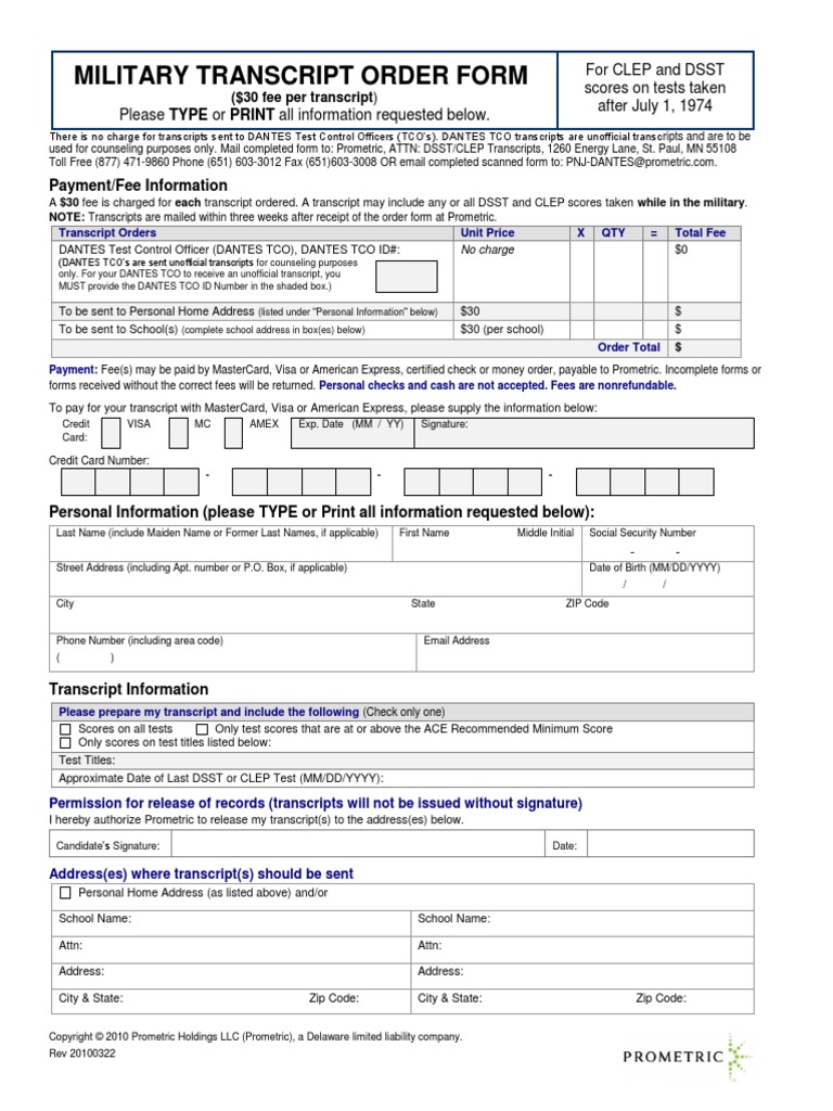 Clep Military Transcript Order Form | PDF