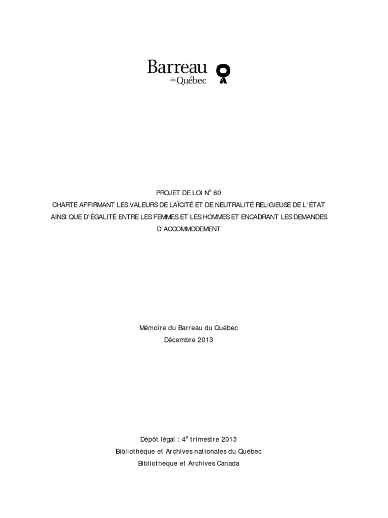 Barreau Du Quebec Report On Bill 60 | PDF | Liberté de religion | Laïcité