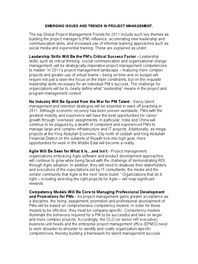 Emerging Issues and Trends in Project Management | PDF | Project ...