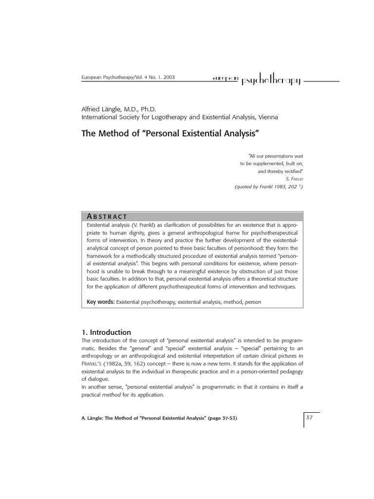 The Method of "Personal Existential Analysis" (Alfried Längle) | PDF | Psychotherapy ...