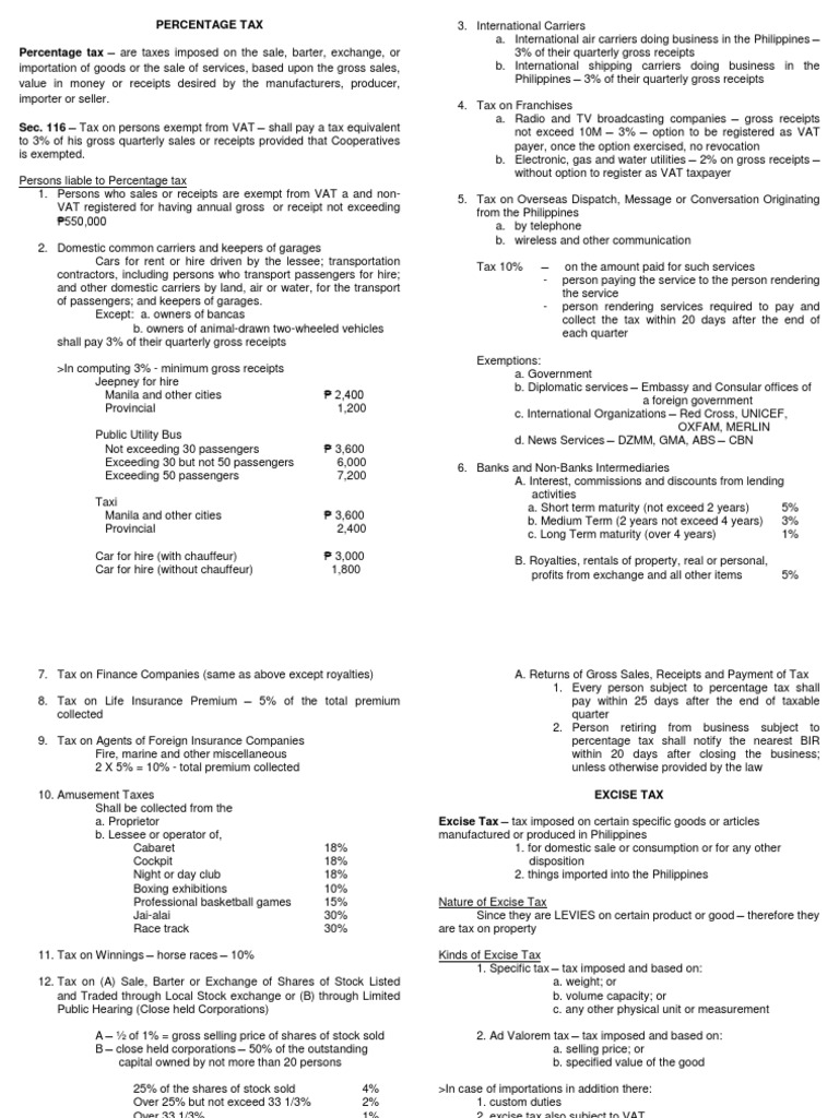 Percentage Taxes Notes | PDF | Excise | Taxation
