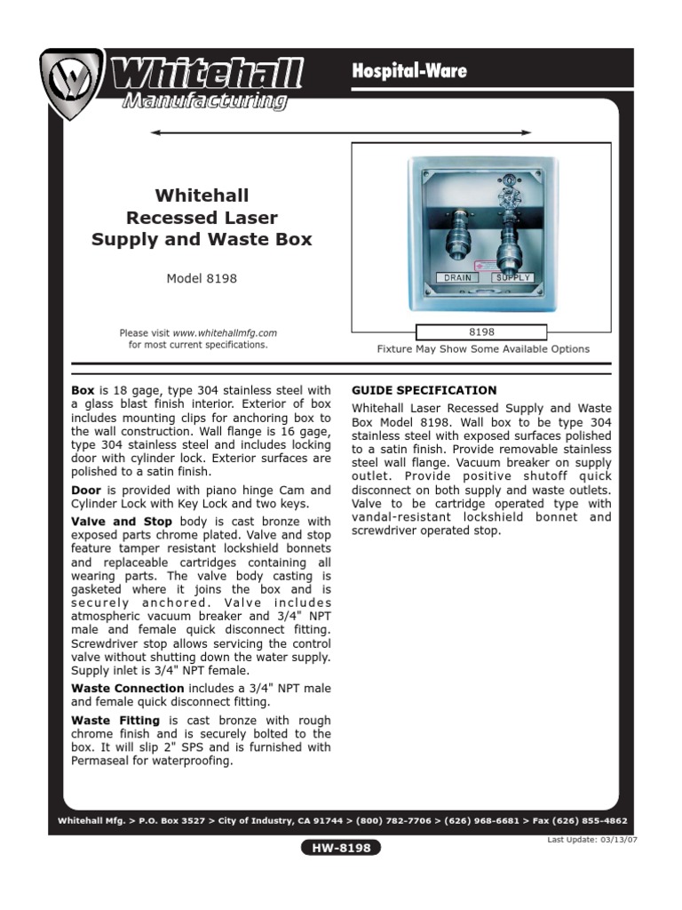 Whitehall Recessed Laser Supply and Waste Box | PDF | Lock (Security ...