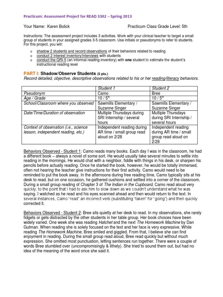Bolick Karen Assessment Project | PDF | Reading Comprehension ...
