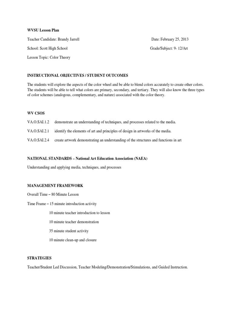 Wvsu Lesson Plan 1 - Color Theory | PDF | Differentiated Instruction ...