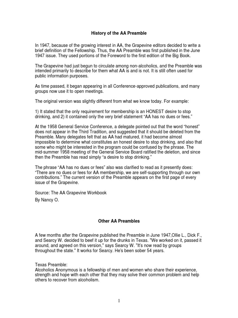 History and Significance of the AA Preamble | PDF | Alcoholics ...