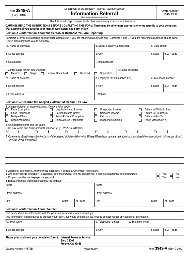 Instructions for Completing IRS Form 3949-A: Information Referral Form ...
