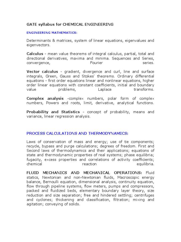 GATE Chemical Engineering Syllabus | PDF | Thermal Conduction | Complex ...