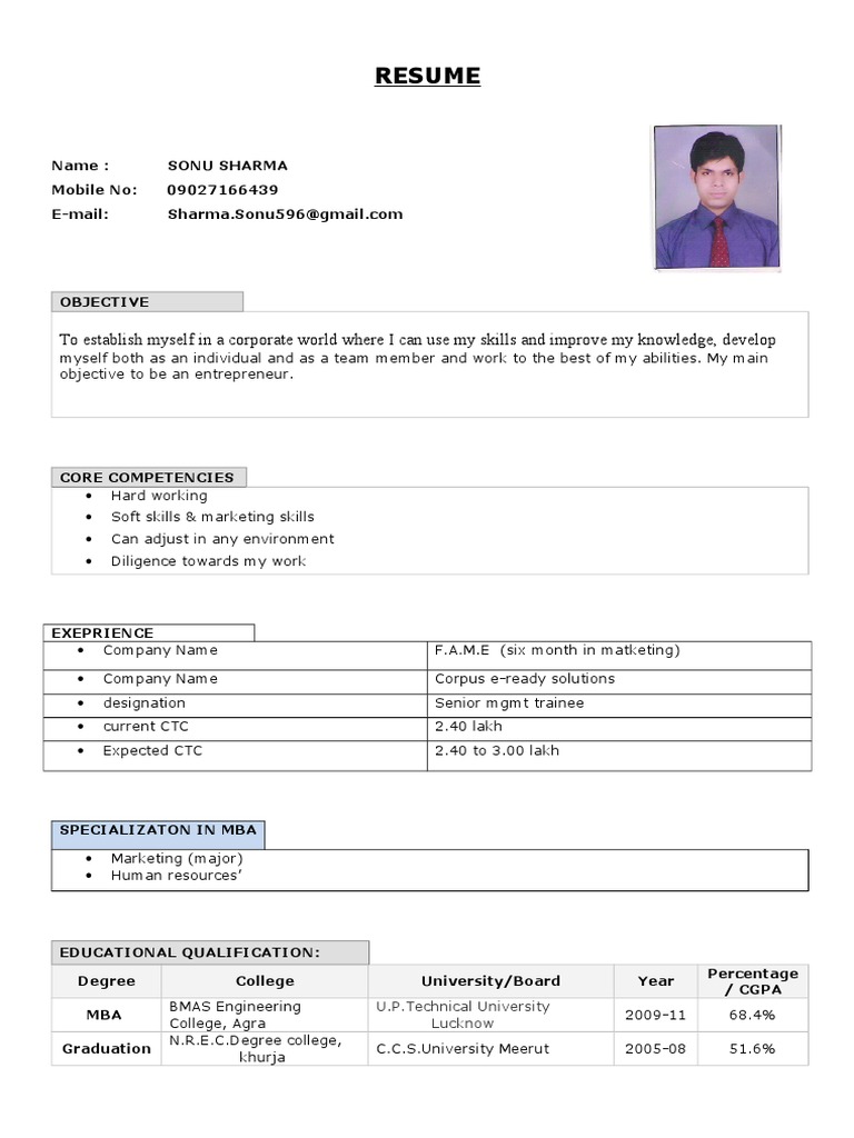 Resume: To Establish Myself in A Corporate World Where I Can Use My ...